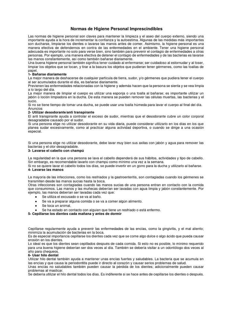 Normas de Higiene Personal Imprescindibles | PDF | Higiene | Lavado de ...