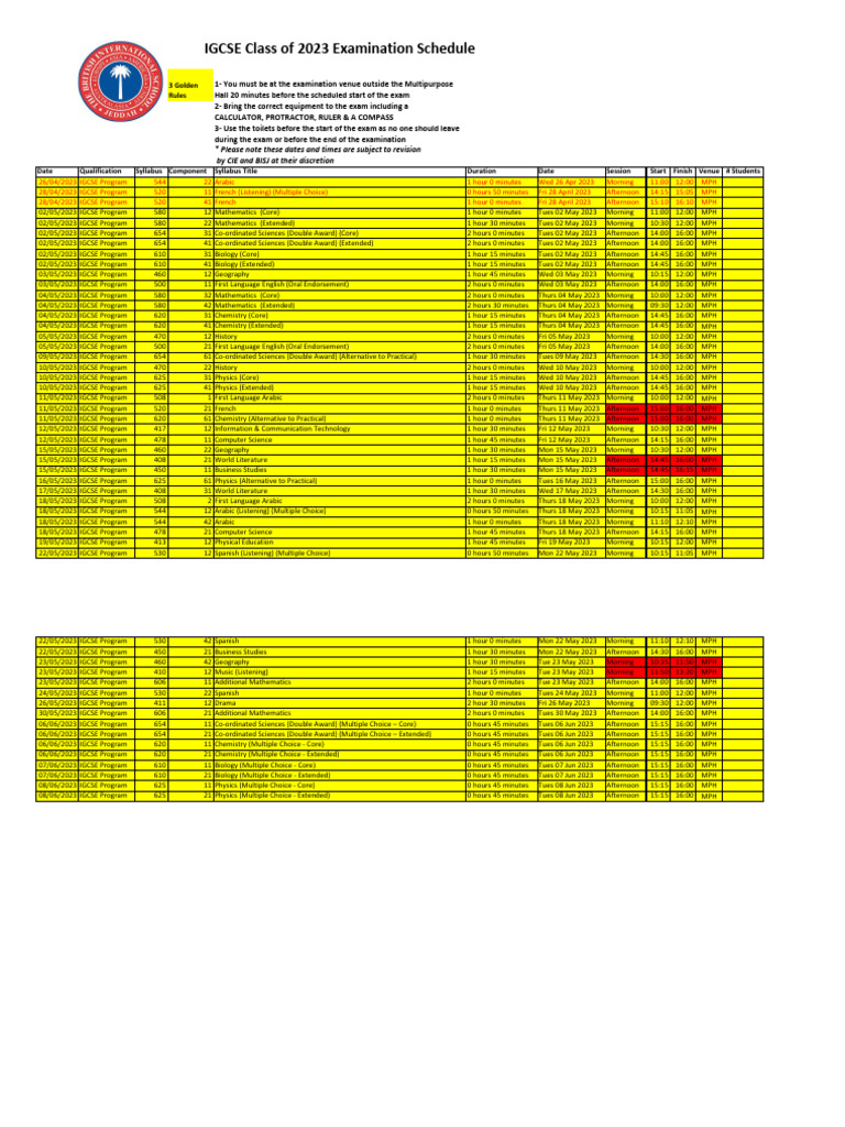 IGCSE TT Revised Invi Schedule - May 2023 BISJ Confirmation With CIE | PDF | Educational ...
