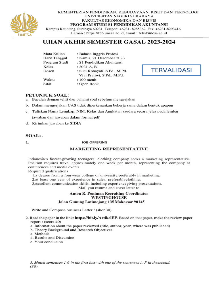 Soal UAS Bahasa Inggris Profesi Semester Gasal 2023-2024 Reguler | PDF | Labor | Employment