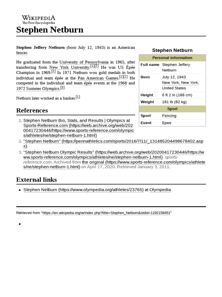 Stephen Netburn: Olympic Fencer Profile | PDF | Sports & Recreation