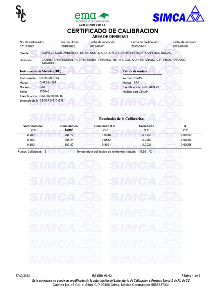 Certificado de Calibracion: Instrumento de Medida (IBC) Patrón de Medida | PDF | Calibración ...
