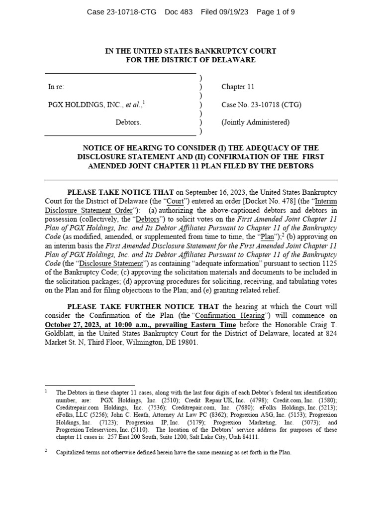 PGX Holdings Chapter 11 Plan Hearing Notice | PDF | Chapter 11 ...