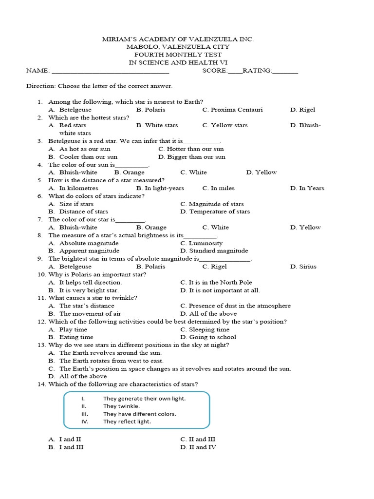 GR 6 4TH MT in Science | PDF | Stars | Telescope