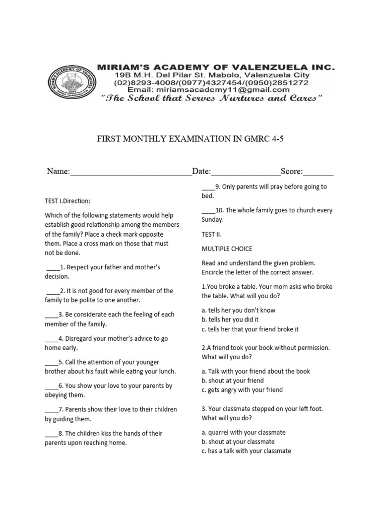 Miriams Academy GMRC 4 and 5 Monthly Exam | PDF | Wellness