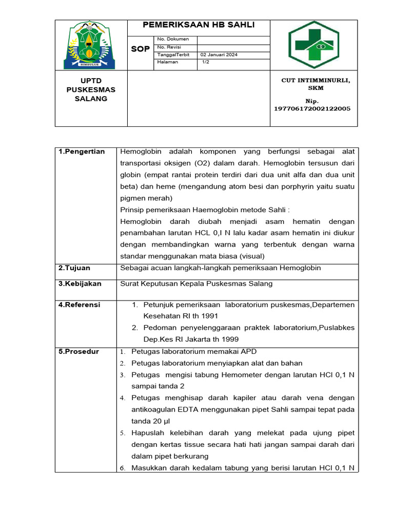 SOP Pemeriksaan HB Sahli | PDF
