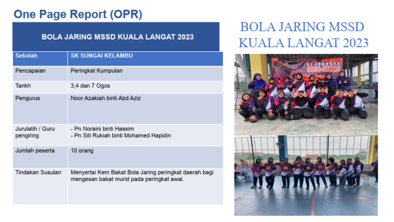 One Page Report Bola Jaring MSSD Kuala Langat | PDF