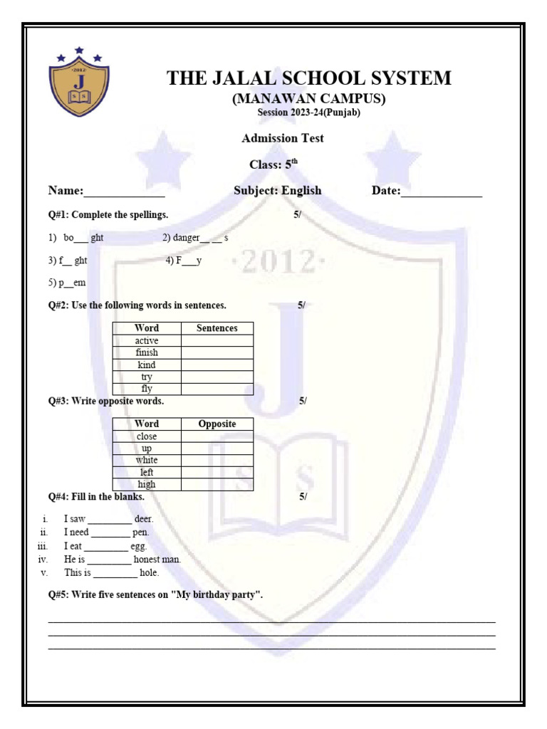 Admission Test Class 5th | PDF