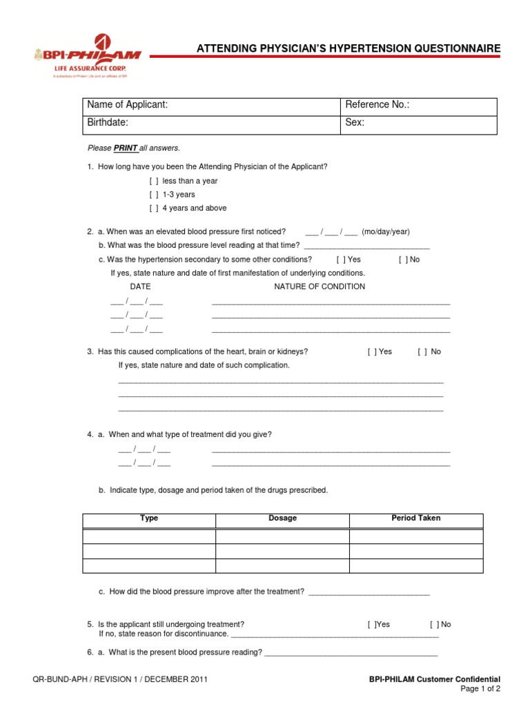Bpi Philam Aph Attending Physician Hypertension Questionnaire | PDF ...