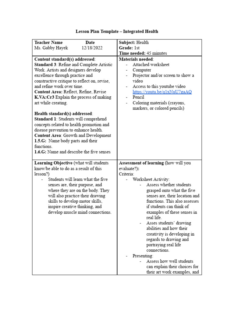 Health Lesson Plan Template | Download Free PDF | Senses | Lesson Plan