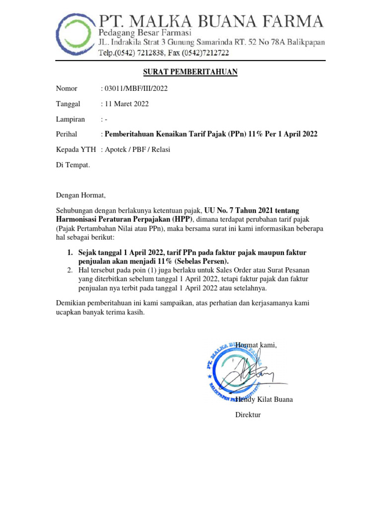 2022 03011 Surat Pemberitahuan Kenaikan Tarif Pajak PPN 11% | PDF