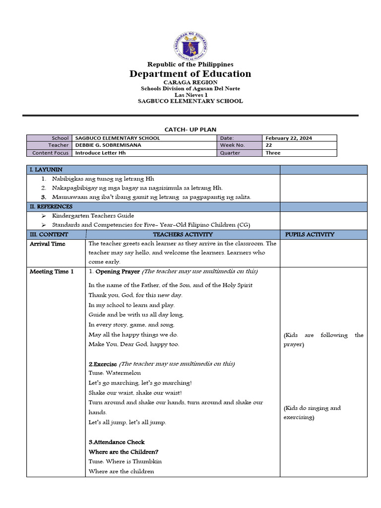 Letter Hh Lesson Plan for Kindergarten | PDF