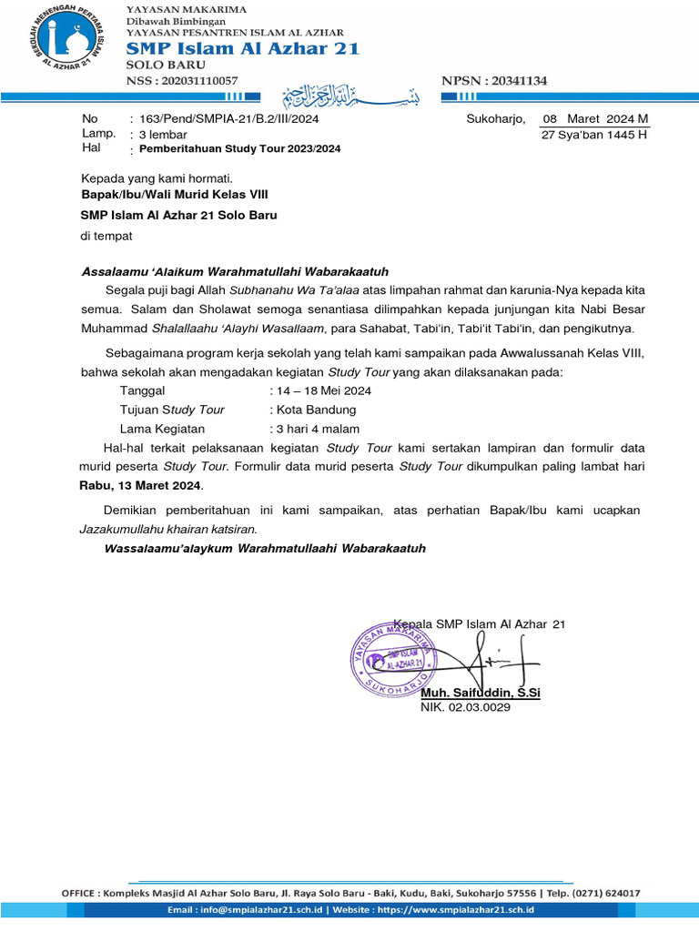 Surat Pemberitahuan Study Tour Goes To Bandung | PDF