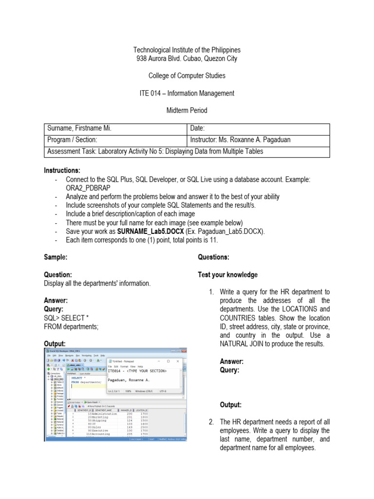Laboratory Activity No 5 - Displaying Data From Multiple Tables | Download Free PDF | Sql ...