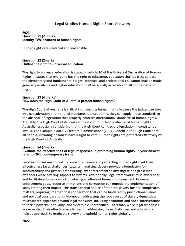 Legal Studies Human Rights Short Answers | PDF | Human Rights ...