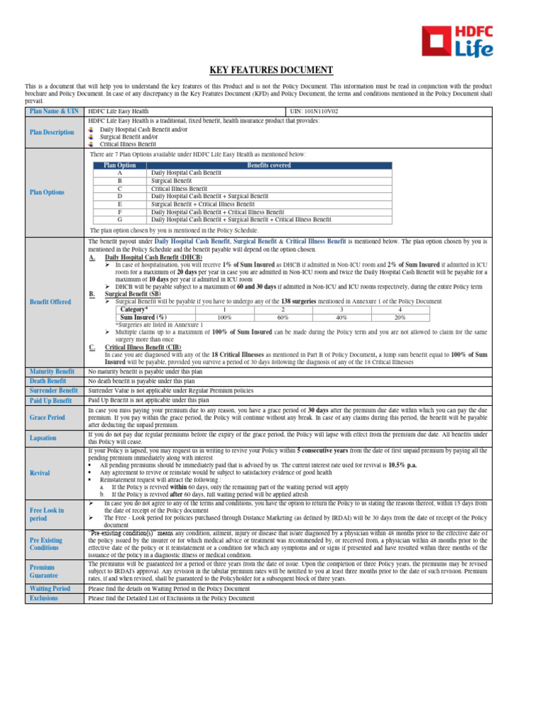 HDFC Life - Easy Health Regular Premium 101N110V02 - KFD | PDF | Insurance | Public Services