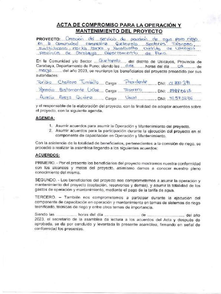 Acta de Compromiso para Operacion y Mantenimiento | PDF