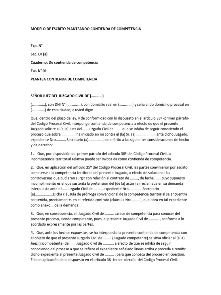 Modelo de Escrito Planteando Contienda de Competencia | PDF