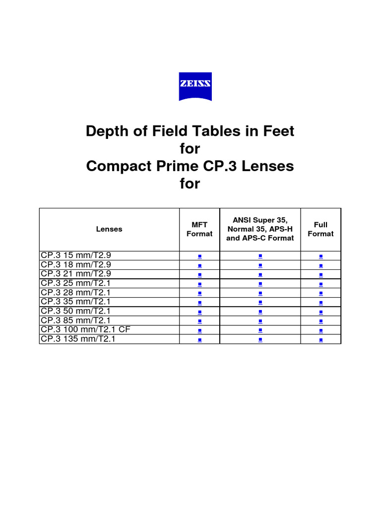 manual-depth-of-field-tables-zeiss-compact-prime-cp3-lenses-feet | PDF ...