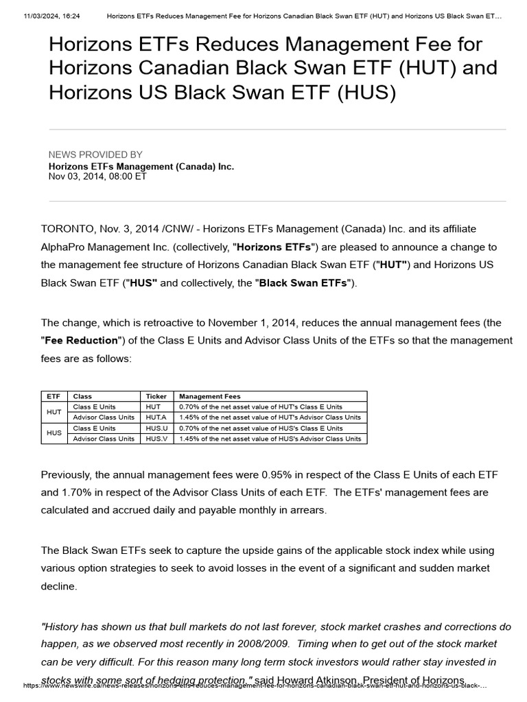 Horizons ETFs Reduces Management Fee For Horizons Canadian Black Swan ...
