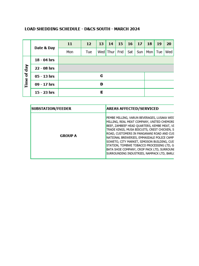 ZESCO - Load Rationing Schedule For March 2024 | PDF