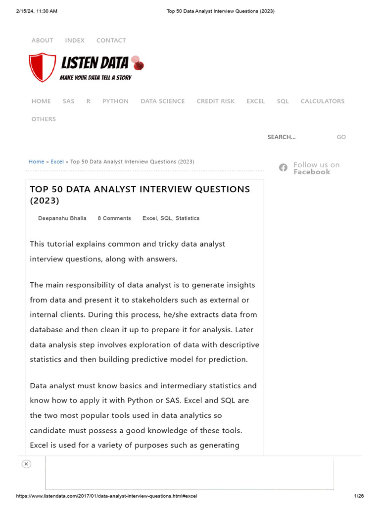 Top 50 Data Analyst Interview Questions (2023) | PDF | Table (Database) | Data Analysis