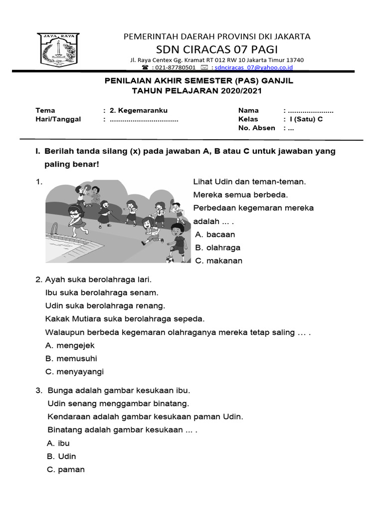 Soal Pas Kelas 1 Tema 2 2021 | PDF