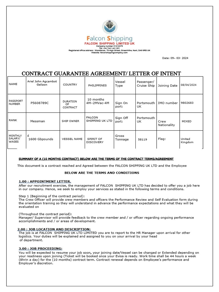 Ariel John Agcambotfalcon Shiping Uk LTD Contract Letters | Download ...