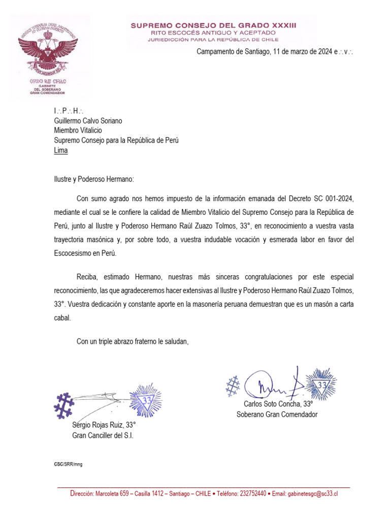 Felicitaciones I.·. P.·. H.·. Guillermo Calvo Soriano, 33° por la distinción de Miembro ...