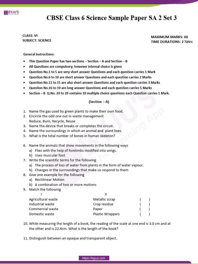 CBSE Class 6 Science Sample Paper SA2 Set 8 | PDF | Waste | Water