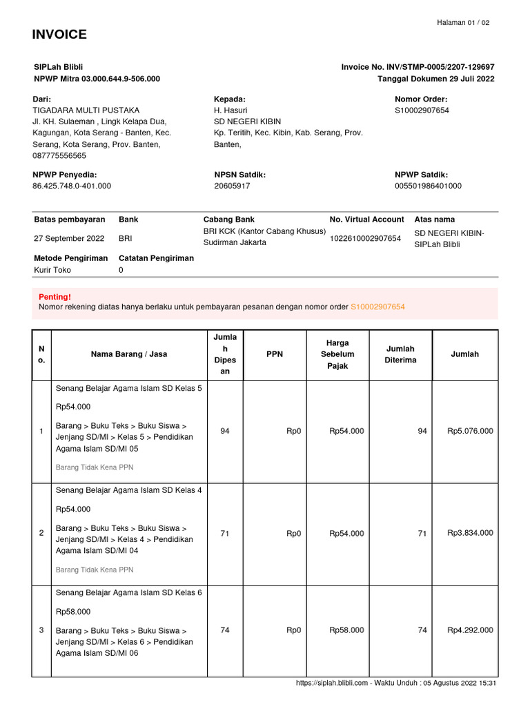 Invoice Buku Agama Islam SD | PDF
