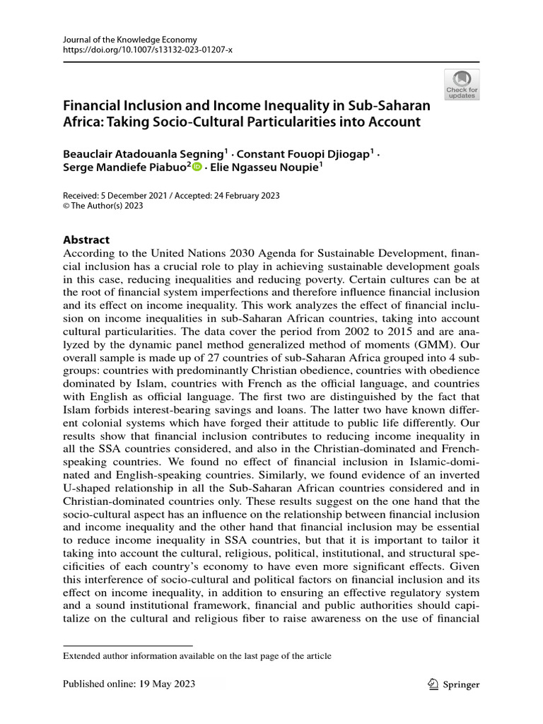 Financial Inclusion and Income Inequality in Sub Saharan Africa: Taking Socio Cultural ...