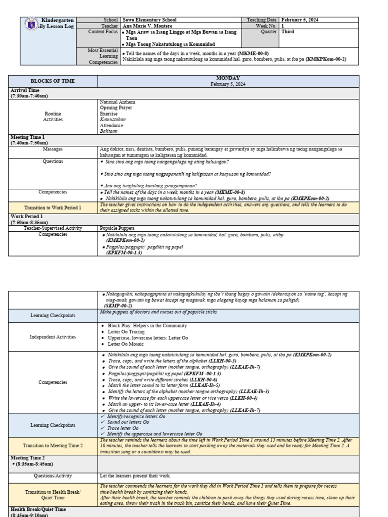Kindergarten DLL Q3W1D4 | PDF