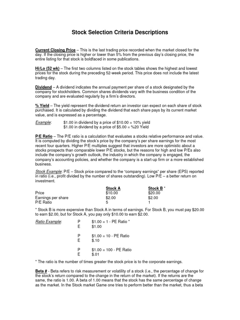 Stock Selection Criteria Descriptions 1 | PDF | Price–Earnings Ratio ...