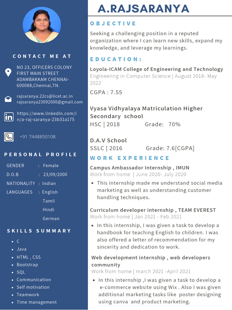 Raj Saranya Resume | Download Free PDF | Integrated Development ...