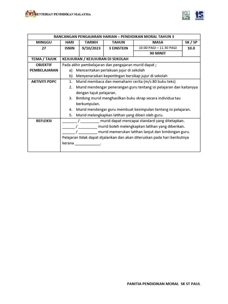 Contoh RPH Pendidikan Moral | PDF