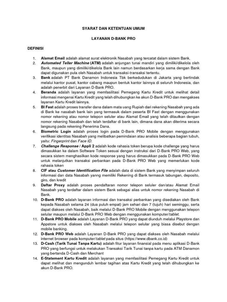 Syarat dan Ketentuan Layanan D-Bank PRO | PDF | Bisnis | Komputer