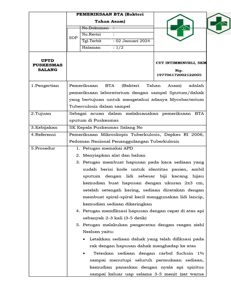 SOP Pemeriksaan BTA Sputum | PDF