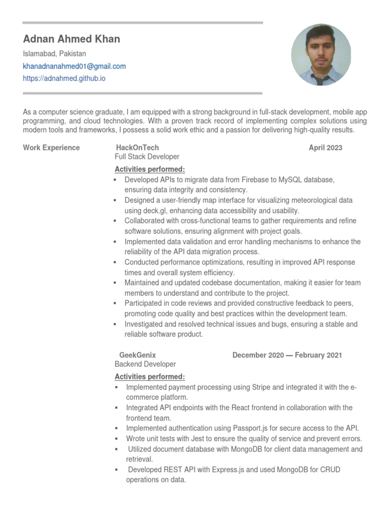 MyCV - Adnan Ahmed Khan 2-3-2023 | PDF | Usability | Databases