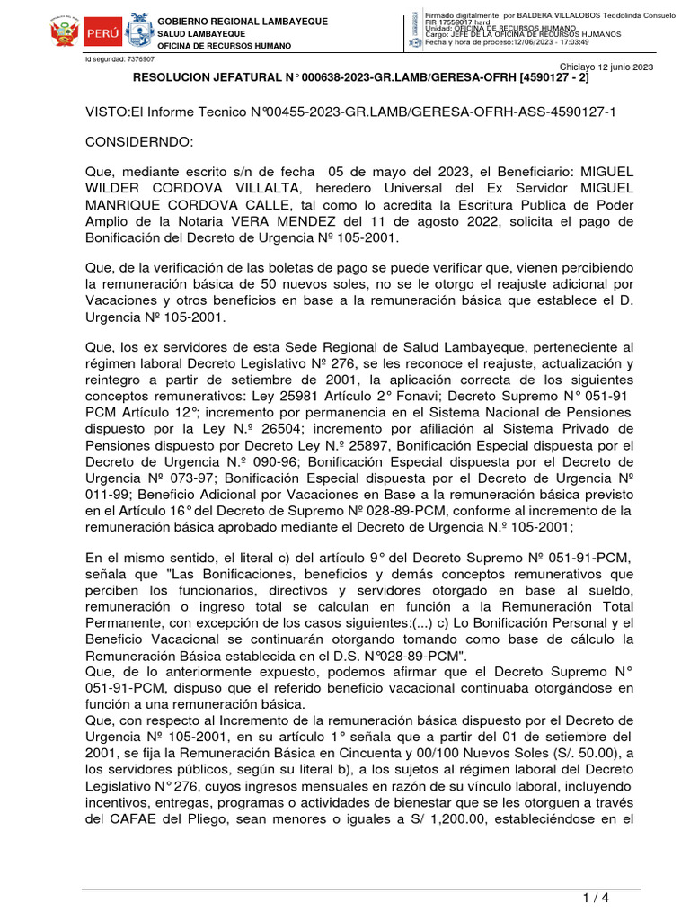 Resolucion Jefatural #000638-2023-GR - Lamb/geresa-Ofrh (4590127 - 2) | PDF | Salario | Pensión