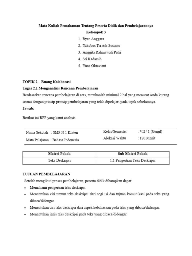 Ruang Kolaborasi - 2.1 Kelompok 3 - MK Pemahaman Peserta Didik Dan Pembelajarannya - Topik 2 | PDF