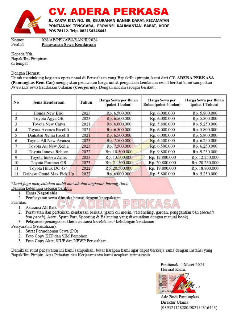 Surat Penawaran Sewa Mobil Pamungkas - Rent.car PT. Garuda Indonesia, TBK | PDF
