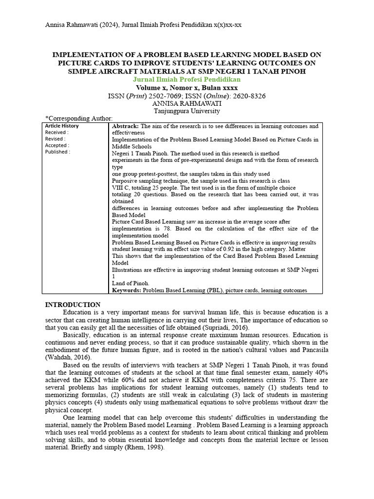 Implementation of A Problem Based Learning Model Based On Picture Cards To Improve Students ...