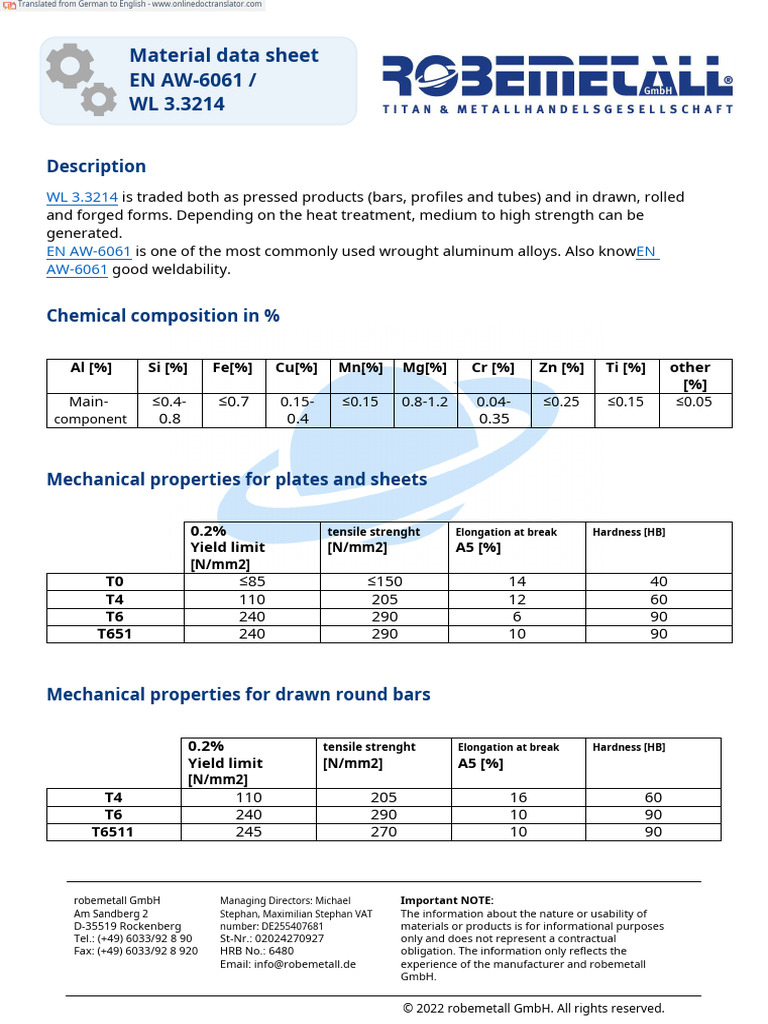 EN - AW - 6061 (WL 3.3214) Specs EN | PDF | Strength Of Materials ...