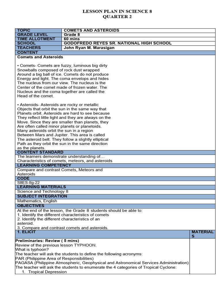 Comets vs. Asteroids: Grade 8 Lesson Plan | PDF | Solar System | Meteoroid