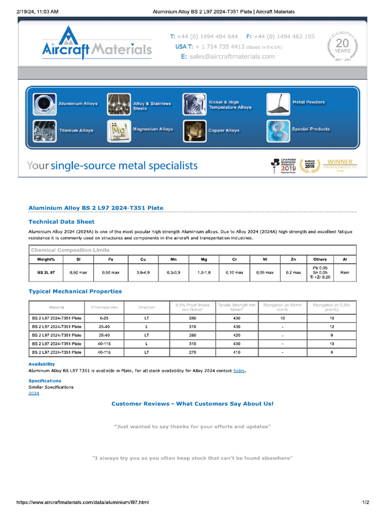 BS 2 L97 2024-T351 (AMS 4033 2024-T351) Plate _ Aircraft Materials ...