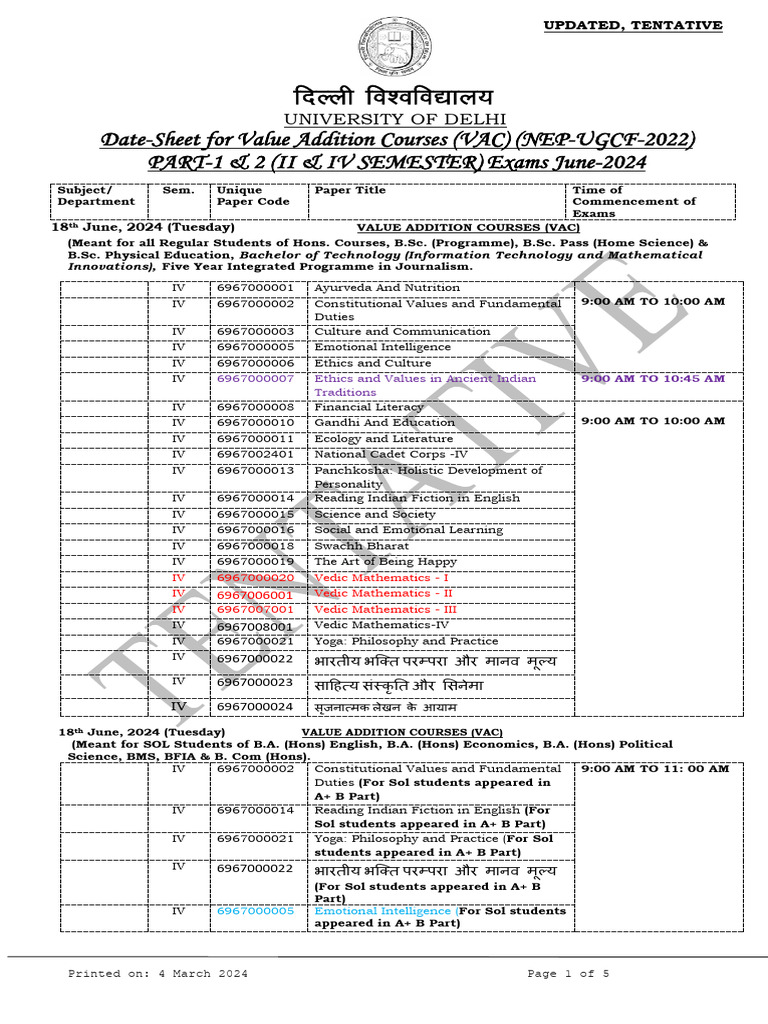 2024-03-04-VAC Sem. II-IV UPDATED | PDF | Bachelor Of Arts | Science