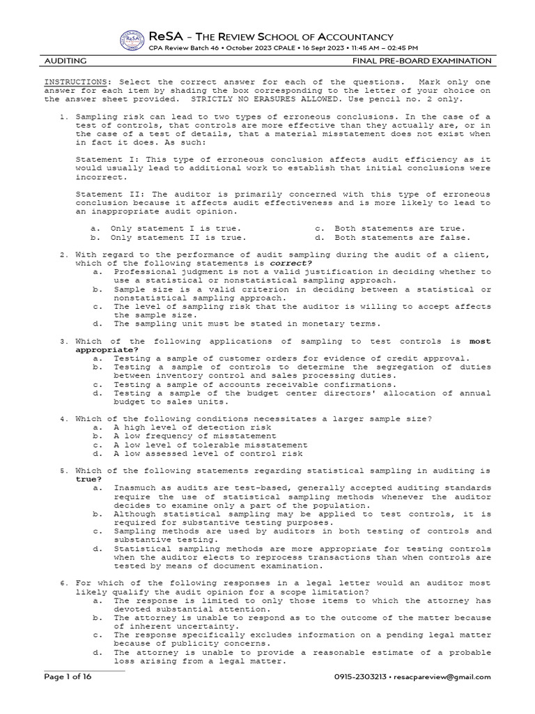 ReSA B46 AUD Final PB Exam Questions Answers Solutions 1 | PDF | Going ...