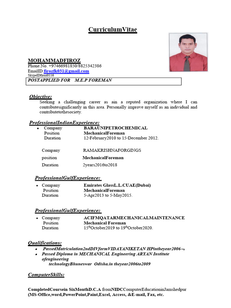MEP Foreman Resume of Mohammad Firoz | PDF | Machines | Pump
