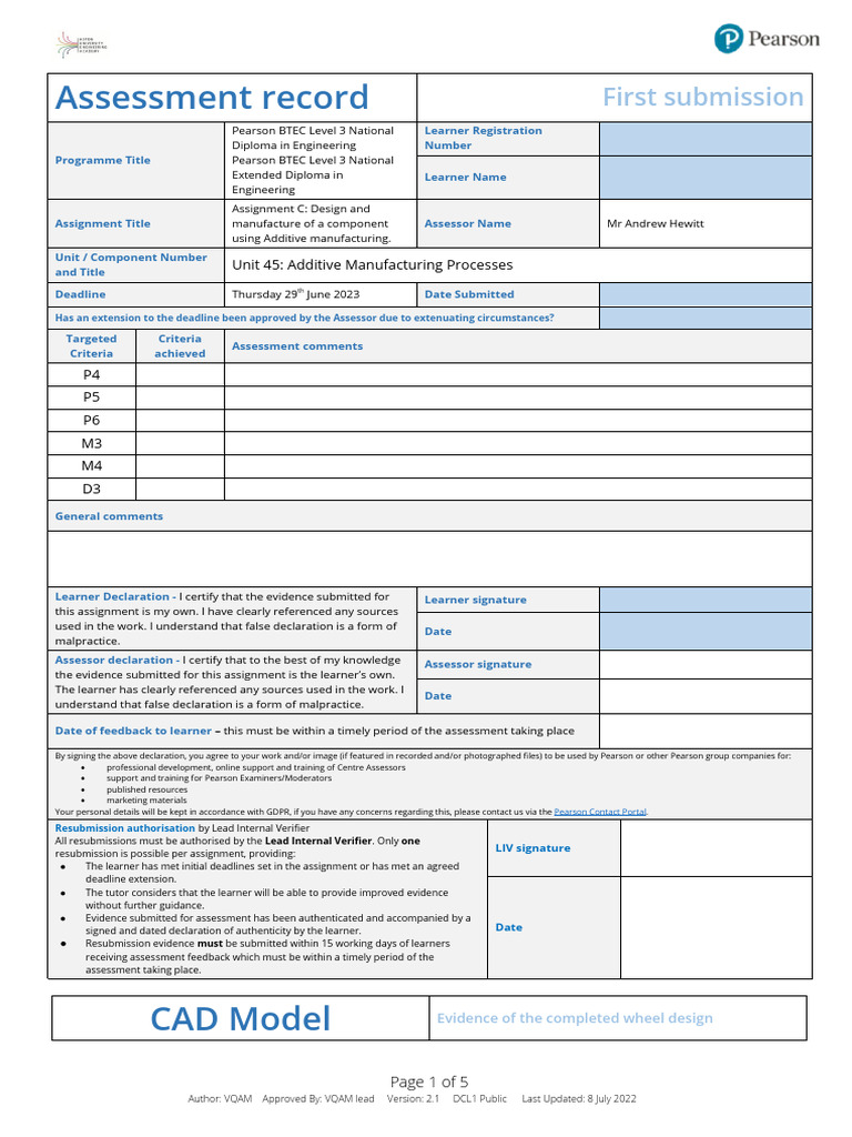 BTEC Level 3 Assessment Record Sheet | PDF