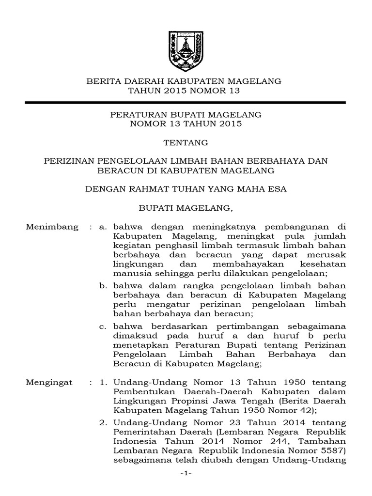 Perbup 13 2015 Perizinan Pengelolaan Limbah Bahan Berbahaya Dan Beracun ...
